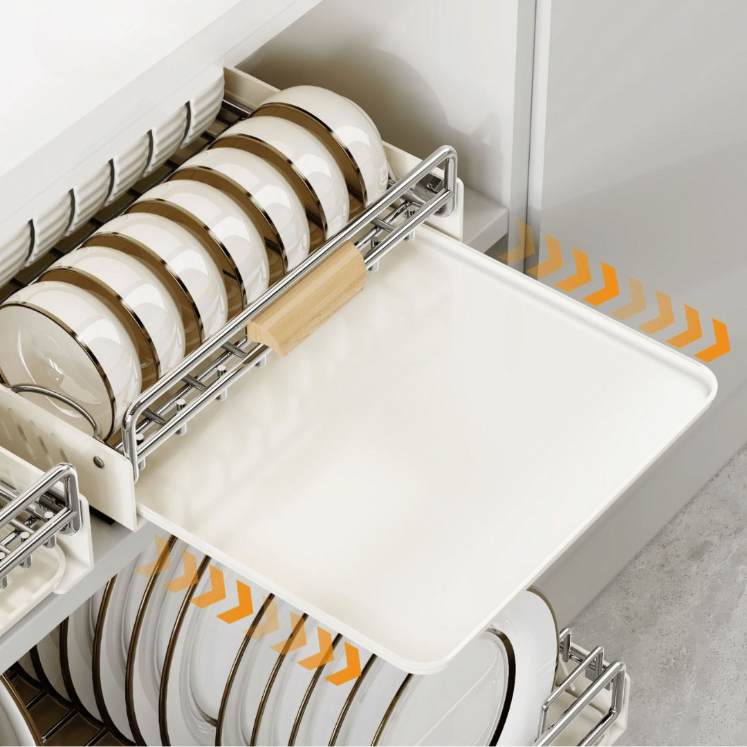 Space-Saving Stainless Steel Pull Out Dish & Bowl Rack with Drip Tray